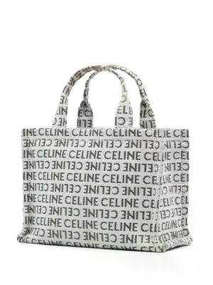 Celine Small All Over Logo Print Canvas Cuir Triomphe Cabas Thais Satchel - White
