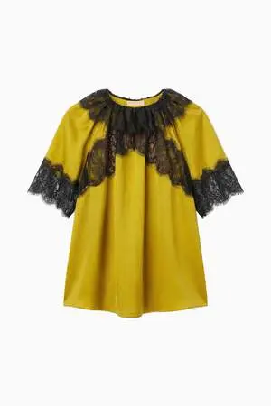 Ulla Johnson Nina Short Sleeve Silk Twill Blouse With Lace Trim