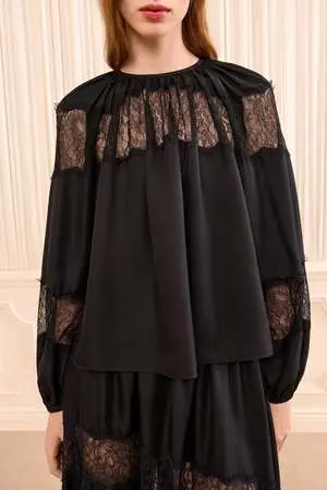 Ulla Johnson Bess Long Sleeve Silk Blouse With Chantilly Lace