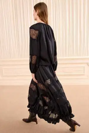 Ulla Johnson Bess Long Sleeve Silk Blouse With Chantilly Lace - Noir