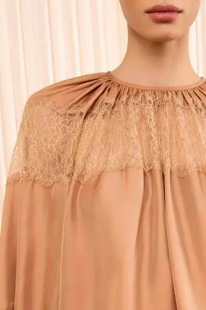 Ulla Johnson Bess Long Sleeve Silk Blouse With Lace Details - Macaroon