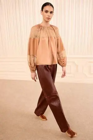 Ulla Johnson Bess Long Sleeve Silk Blouse With Lace Details - Macaroon