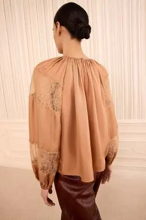 Ulla Johnson Bess Long Sleeve Silk Blouse With Lace Details - Macaroon