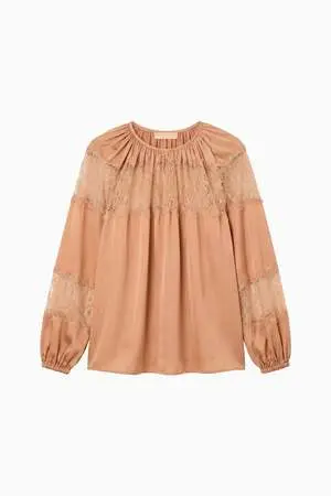 Ulla Johnson Bess Long Sleeve Silk Blouse With Lace Details - Macaroon