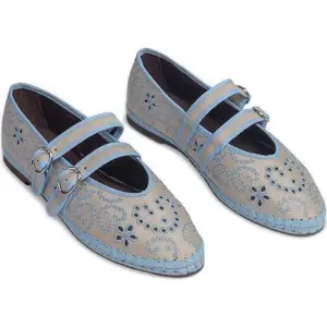 FLABELUS Claire Roller Rabbit Eyelet-embroidered Mary Jane Flat - Light Grey