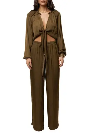 JLUXLABEL High-waisted Crinkled Satin Drawstring Trousers