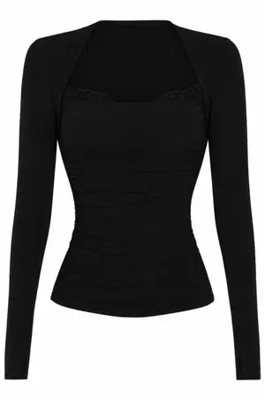 TA3 Sculpting Ruched Long Sleeve Top - Black/lace