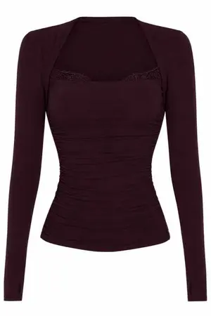 TA3 Sculpting Ruched Long Sleeve Top - Garnet/lace