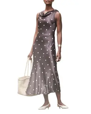 Mint Velvet Satin Polkadot Midi Dress - Brown