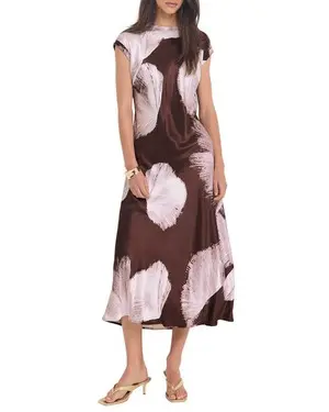 Mint Velvet Satin Abstract Print Midi Dress - Brown