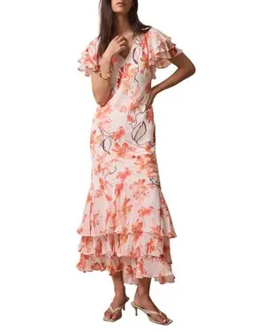 Mint Velvet Floral Ruffled Midi Dress - Pink