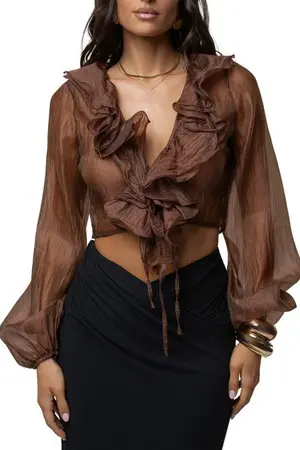 JLUXLABEL Delilah Ruffled Tie Front Cropped Blouse - Bronze