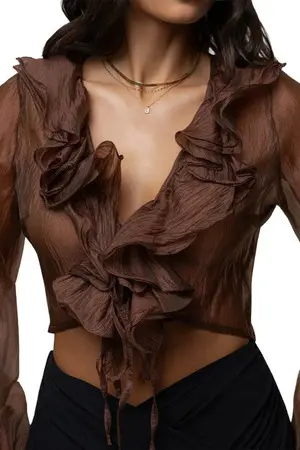 JLUXLABEL Delilah Ruffled Tie Front Cropped Blouse - Bronze