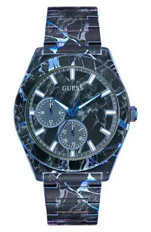 Guess Marbled Multifunction Bracelet Watch - Black/blue Marble