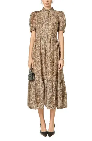 English Factory Print Organza Puff Sleeve Midi Dress - Leopard