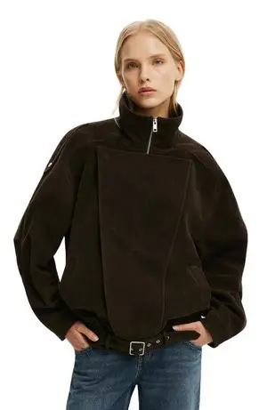 COTTON ON Faux Suede Biker Jacket With Belted Hem - Dark Oak