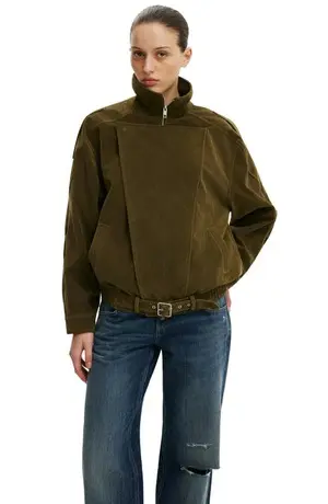 COTTONON Cotton On Faux Suede Biker Jacket With Belted Hem - Dark Olive