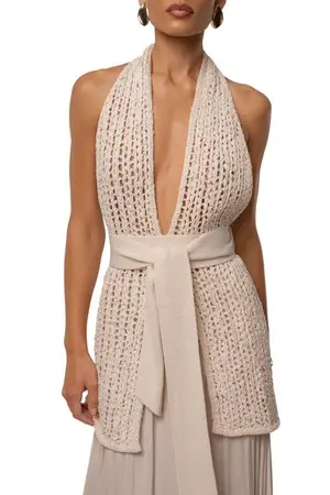 JLUXLABEL Low Tide Crochet Halter Top With Adjustable Waist Sash
