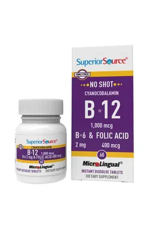 SUPERIOR SOURCE No Shot Vitamin B-12 Cyanocobalamin B-6 Folic Acid Sublingual Dissolving Tablets - White