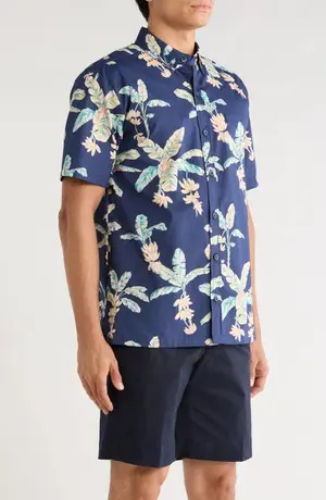 KAHALA Banana Blossoms Cotton Button-down Shirt - Navy