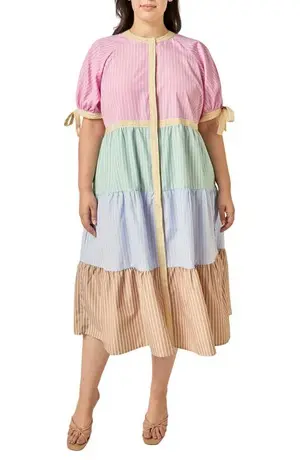 English Factory Colorblock Stripe Tiered Midi Dress - Multi