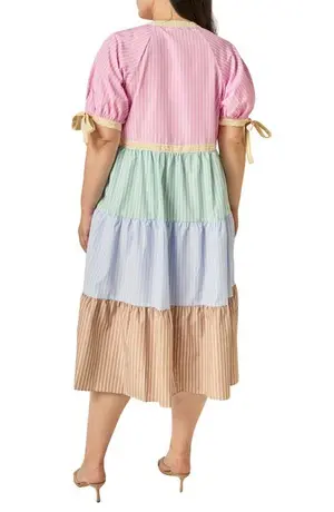 English Factory Colorblock Stripe Tiered Midi Dress