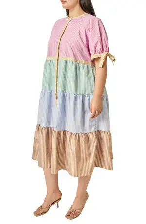 English Factory Colorblock Stripe Tiered Midi Dress