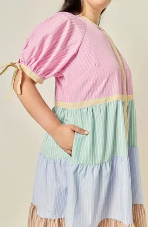 English Factory Colorblock Stripe Tiered Midi Dress
