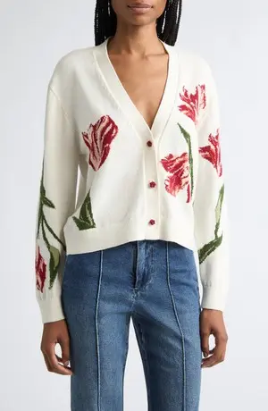 Alice + Olivia Bradley Floral Intarsia Cardigan - Soft White Multi