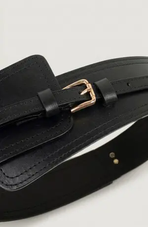 MODENAIRE Wide Leather Waist Belt With Layered Strap And Gold Tone Buckle - Black