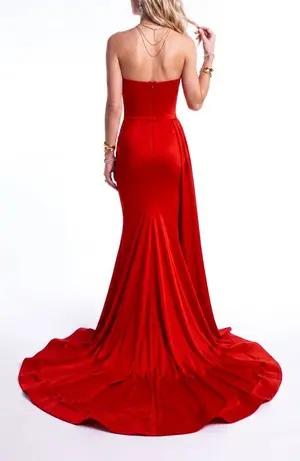 JESSICA ANGEL Strapless Sweetheart Mermaid Gown With Side Drape And Slit - Red