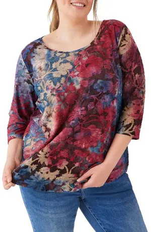 Karen Kane Floral Burnout Shirttail Top - Wine