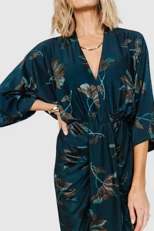 BALTIC BØRN Shaneen Ruched Midi Dress Jade Floral Shimmer