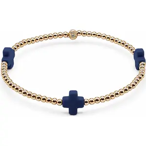 BOWOOD LANE Halo Cross Bracelet With 14k Gold-filled Beads And Cross Accents - Navy