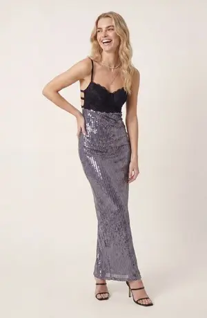MODENAIRE Sequin Lace Bustier Maxi Dress