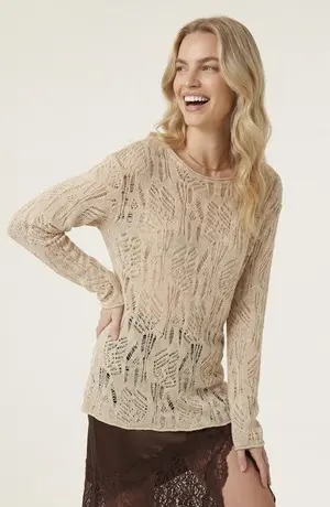 MODENAIRE Open Knit Pullover Sweater - Tan