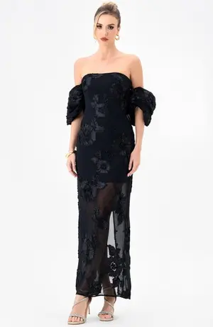 BARIANO Sirenne Puff Sleeve Off-shoulder Midaxi Dress