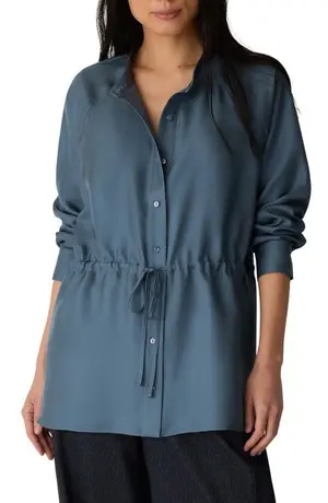 Eileen Fisher Silk Mandarin Collar Shirt With Drawstring Waist - Cold Spring