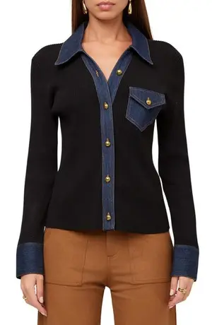 Fifteen Twenty Ribbed Cardigan With Denim Trim