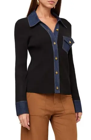 Fifteen Twenty Ribbed Cardigan With Denim Trim
