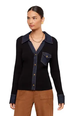 Fifteen Twenty Ribbed Cardigan With Denim Trim