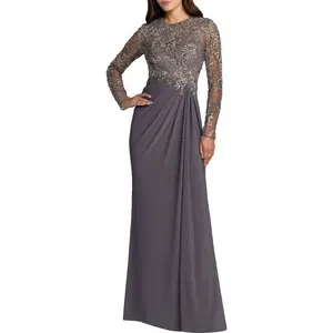 Mac Duggal Long Sleeve Beaded Embroidered Gown - Charcoal
