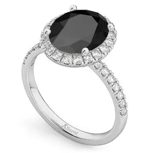 ALLUREZ Oval Cut Black Onyx And Diamond Engagement Ring In 14k White Gold