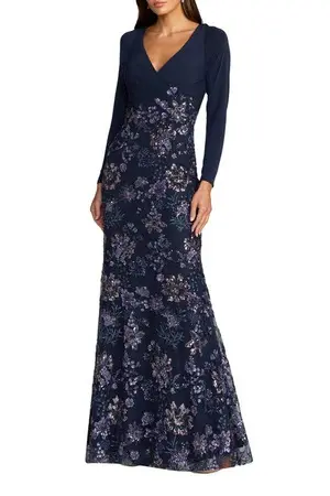 Mac Duggal Petite Floral Embroidered Long Sleeve Gown