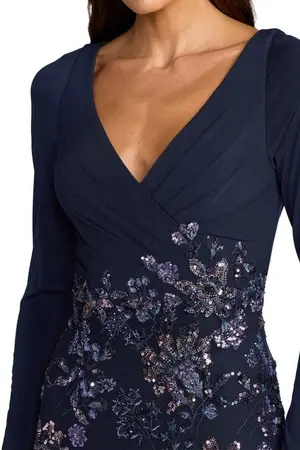 Mac Duggal Petite Floral Embroidered Long Sleeve Gown