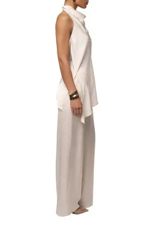 JLUXLABEL Draped Satin Halter Top And High-waisted Trouser Set - Cream
