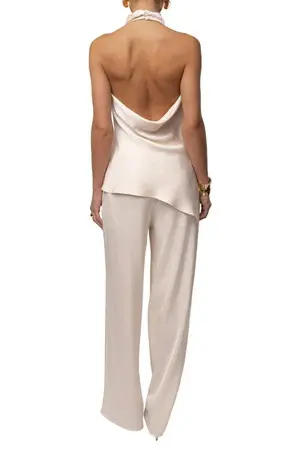 JLUXLABEL Draped Satin Halter Top And High-waisted Trouser Set - Cream