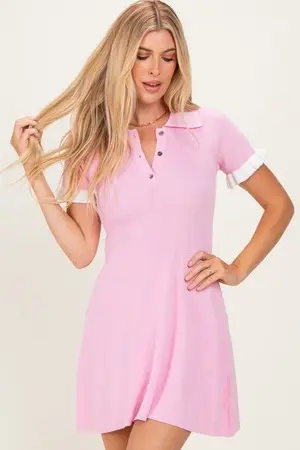 PINKBLUSH Knit Ruffle Sleeve Mini Polo Dress