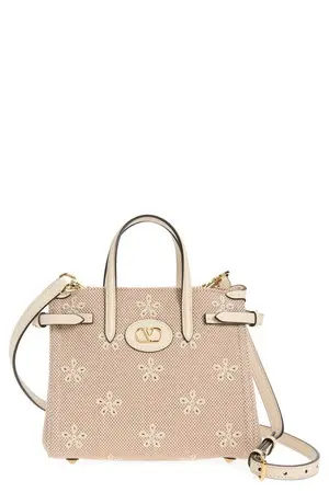 Valentino Garavani Small Antibes Flower Embroidered Eyelet Canvas Tote - Natural