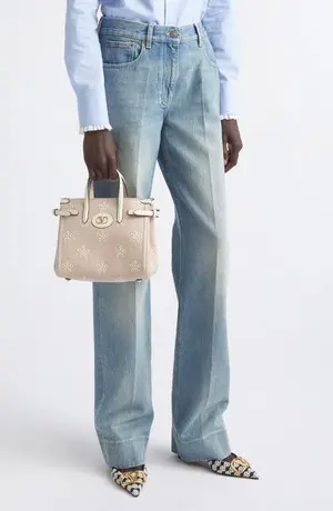 Valentino Garavani Small Antibes Flower Embroidered Eyelet Canvas Tote - Natural